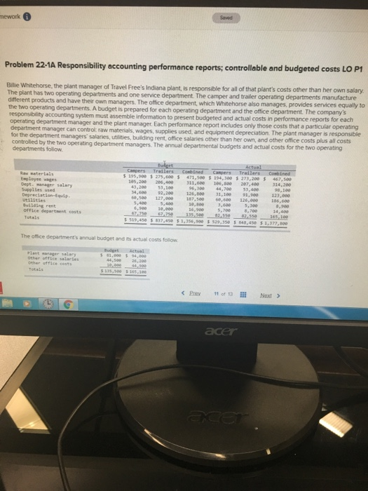 Solved mework Saved Problem 22-1A Responsibility accounting | Chegg.com