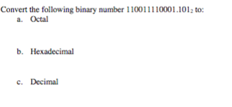Solved Convert the following binary number 110011110001.1012 | Chegg.com