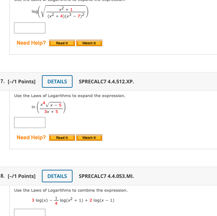 Solved x2 + 1 logl (x2 + 4)(x3 - 7)2 Need Help? Read It | Chegg.com