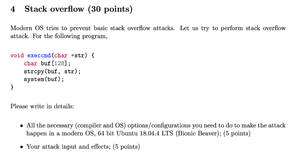 4 Stack overflow (30 points) Modern OS tries to | Chegg.com
