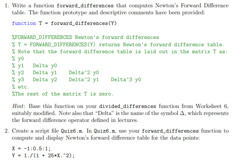 1. Write a function forward_differences that computes | Chegg.com