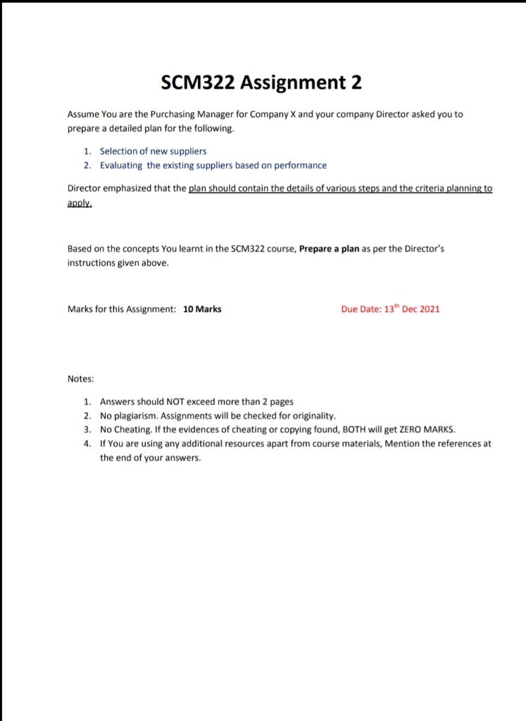 Solved SCM322 Assignment 2 Assume You are the Purchasing | Chegg.com