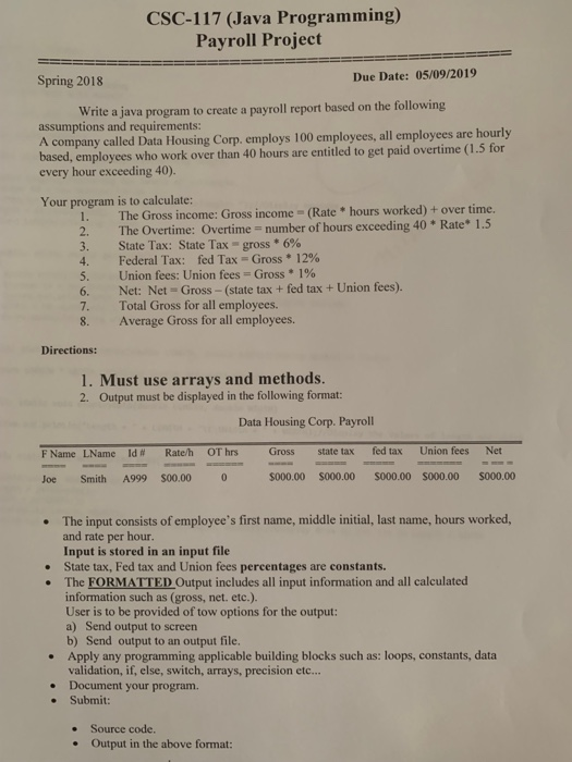Solved CSC-117 (Java Programming) Payroll Project Due Date: | Chegg.com