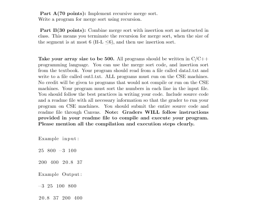 Solved Part A(70 points): Implement recursive merge sort. | Chegg.com