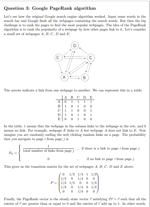 Question 3: Google PageRank algorithm Let's see how | Chegg.com