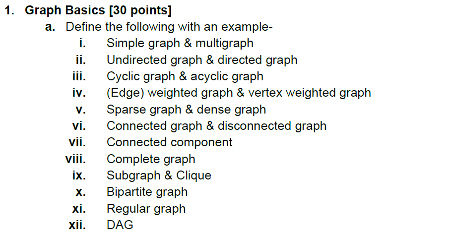 Solved 1. Graph Basics (30 points] a. Define the following | Chegg.com