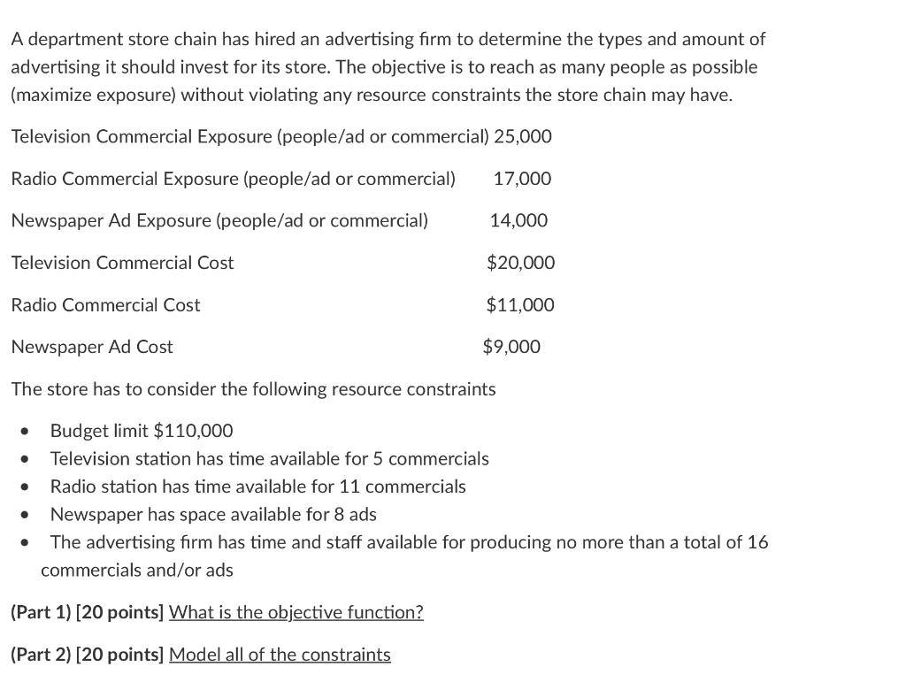 Solved A department store chain has hired an advertising | Chegg.com