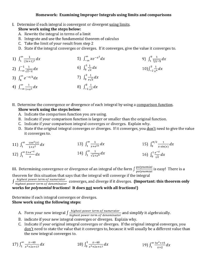 Solved Homework: Examining Improper Integrals using limits | Chegg.com