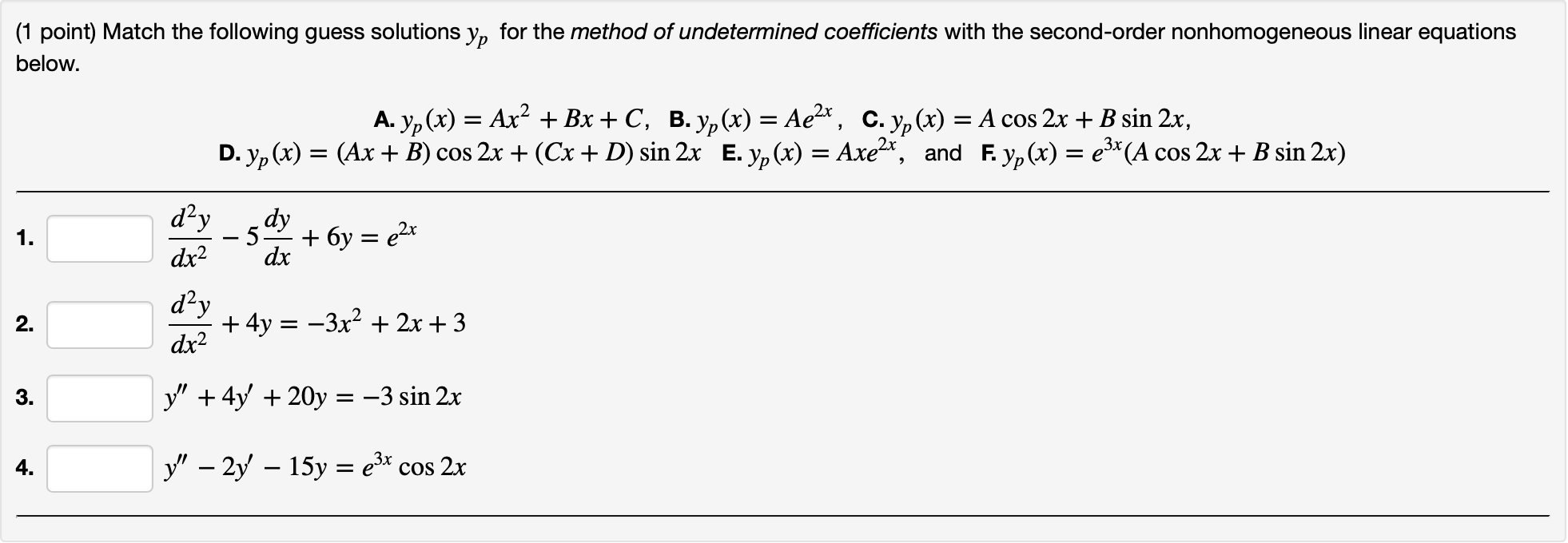 Solved (1 point) Match the following guess solutions yp for | Chegg.com