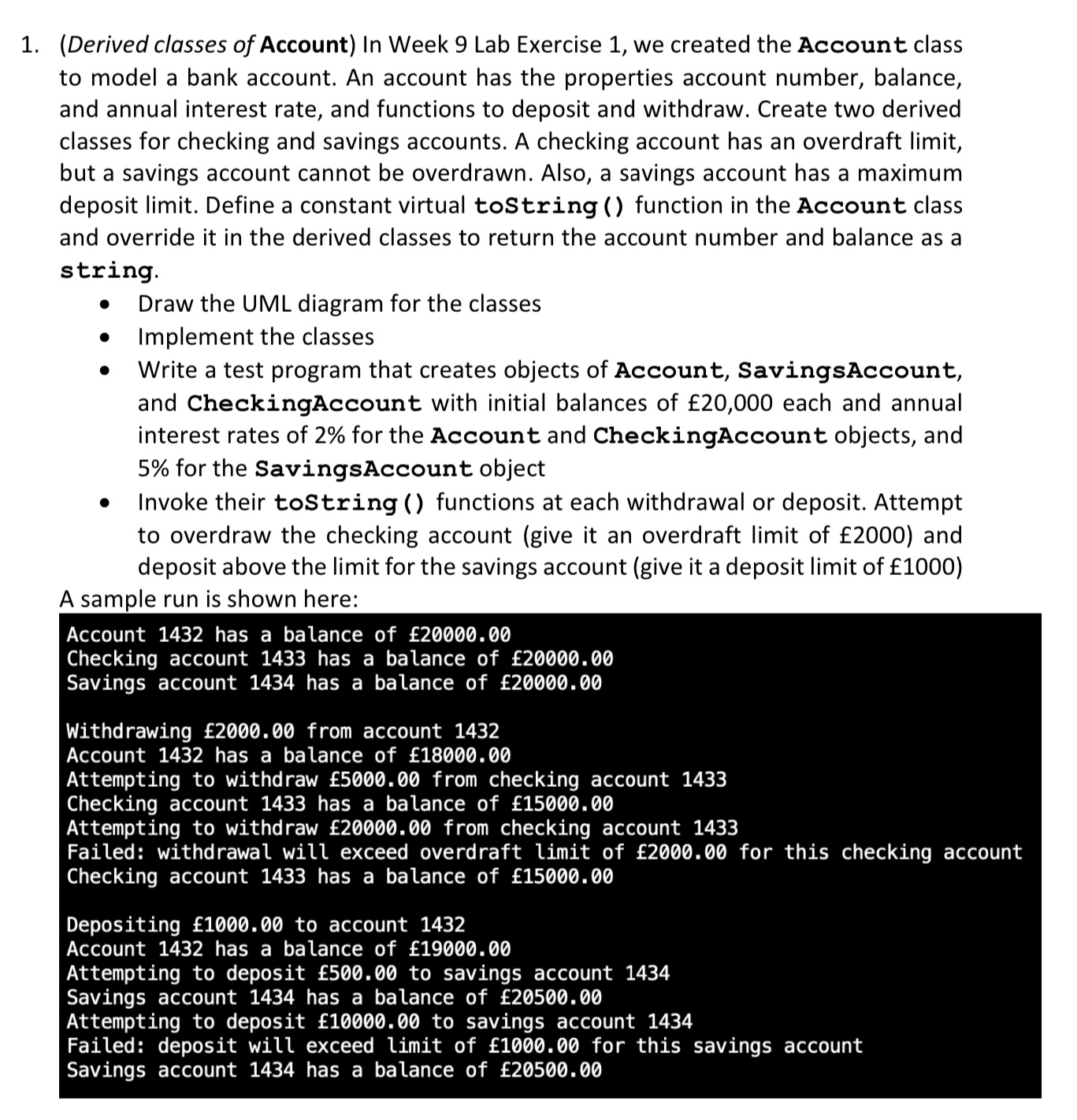 Solved 1. (Derived classes of Account) In Week 9 Lab | Chegg.com