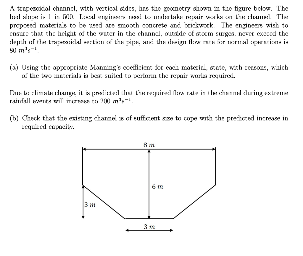 Solved A trapezoidal channel, with vertical sides, has the | Chegg.com