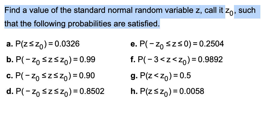 Solved Find a value of the standard normal random variable | Chegg.com
