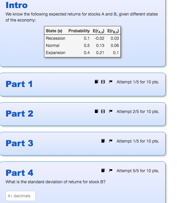 Solved What is the standard deviation of returns for stock | Chegg.com