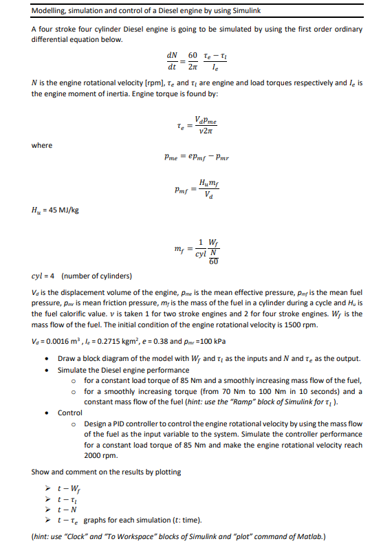 Solved Modelling, simulation and control of a Diesel engine | Chegg.com