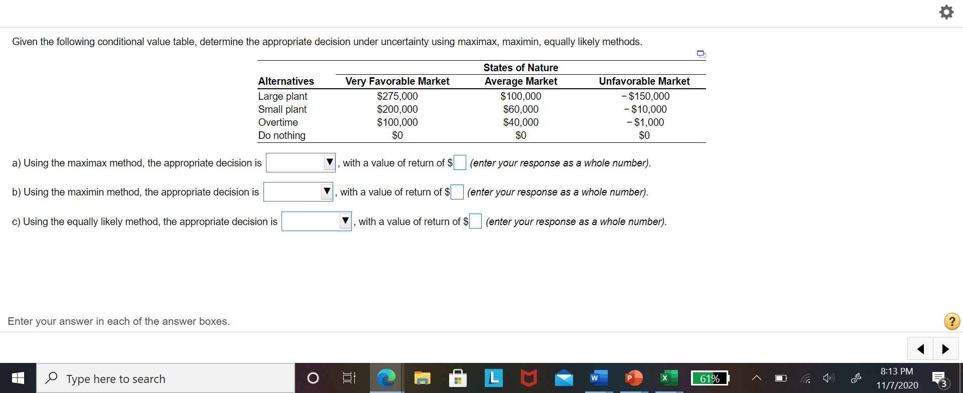 Solved Given the following conditional value table, | Chegg.com
