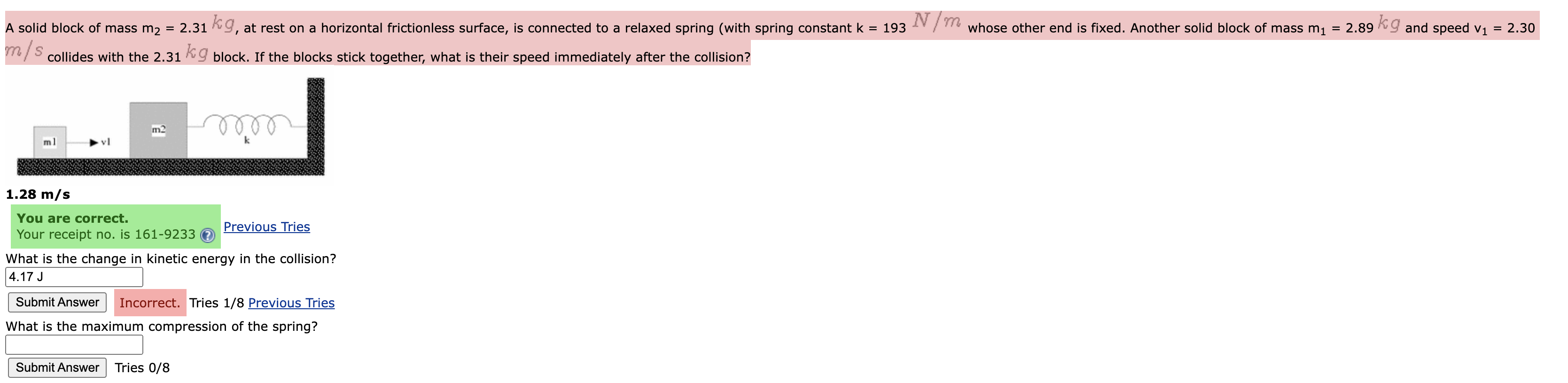 Solved m/s collides with the 2.31 kg block. If the blocks | Chegg.com