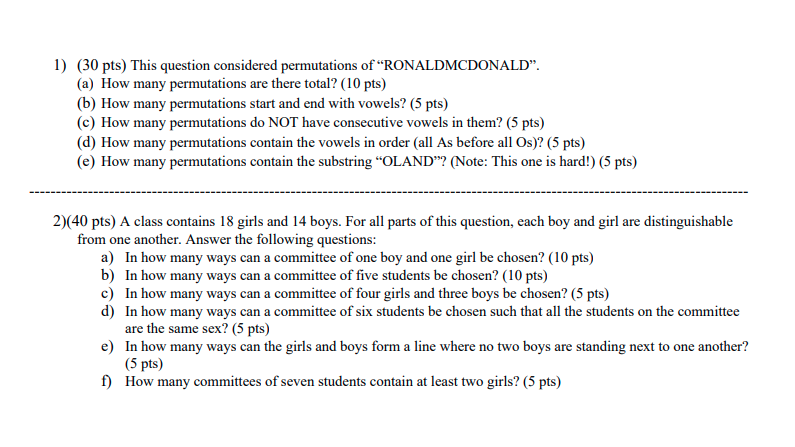 Solved 1) (30 pts) This question considered permutations of | Chegg.com