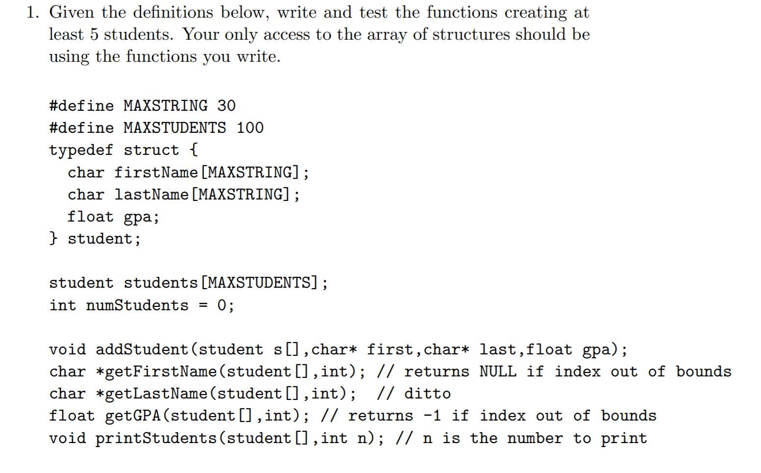 Solved 1. Given the definitions below, write and test the | Chegg.com