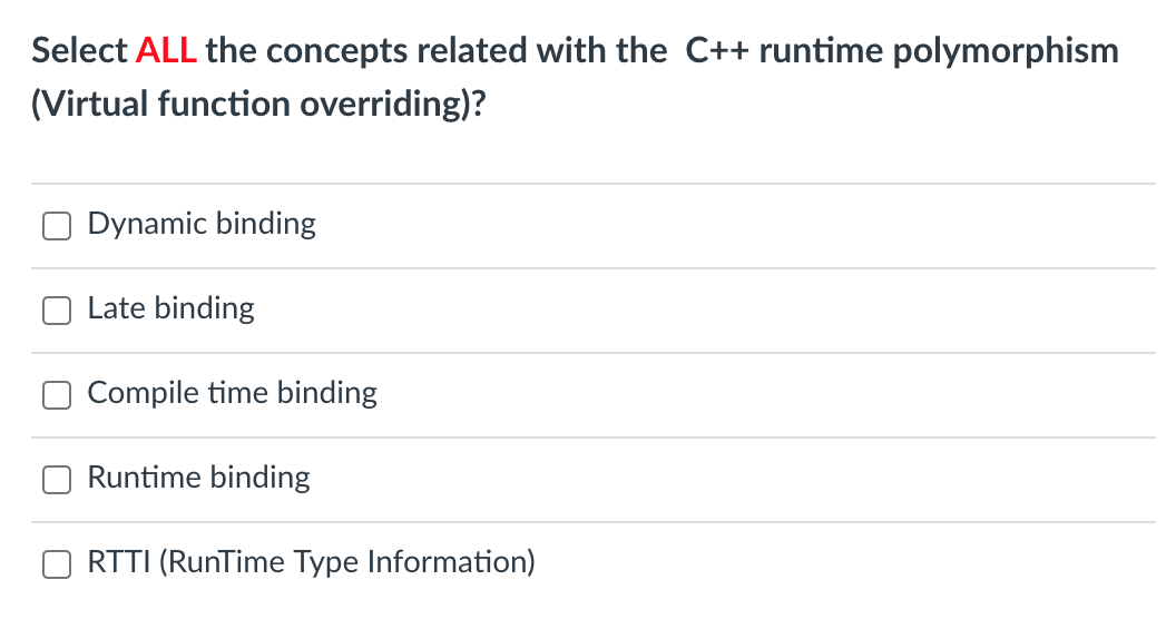 Solved Select ALL the concepts related with the C++ runtime | Chegg.com