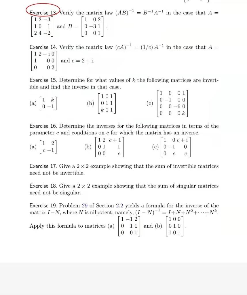 Solved Exercise 13 Nerify the matrix law (AB)-1 = B-1A-1 in | Chegg.com