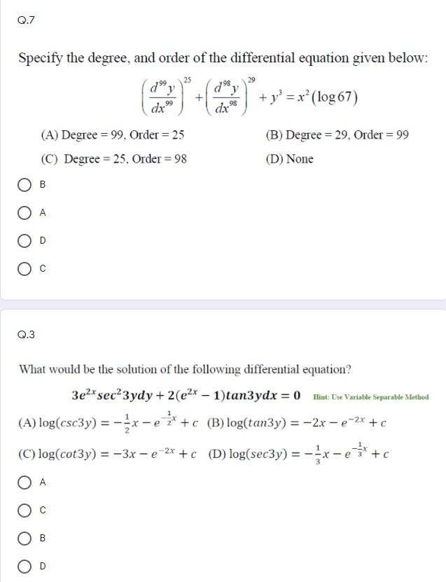 Solved Q.7 Specify the degree, and order of the differential | Chegg.com