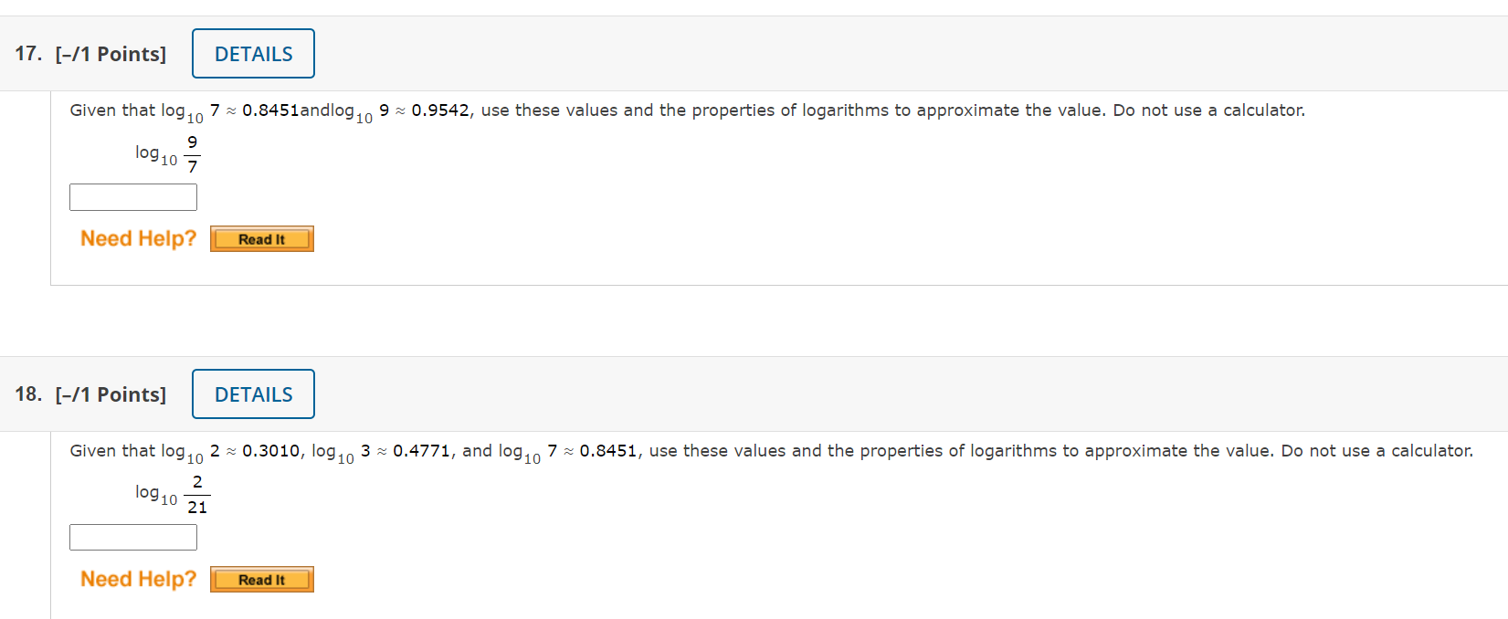 Solved 17. [-/1 Points] DETAILS Given that log 10 7 | Chegg.com