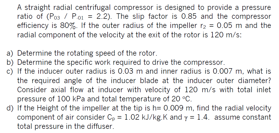 Solved A Straight Radial Centrifugal Compressor Is Designed