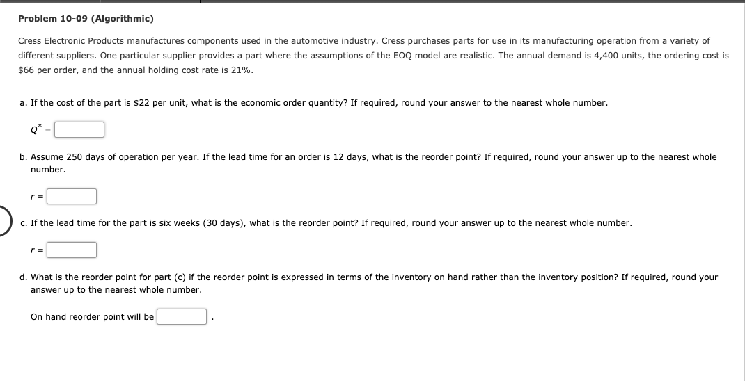Solved Problem 10-09 (Algorithmic) Cress Electronic Products | Chegg.com