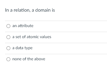 Solved In a relation, a domain is an attribute a set of | Chegg.com