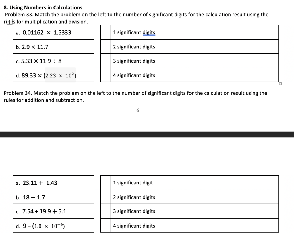 Solved 8. Using Numbers in Calculations Problem 33. Match | Chegg.com