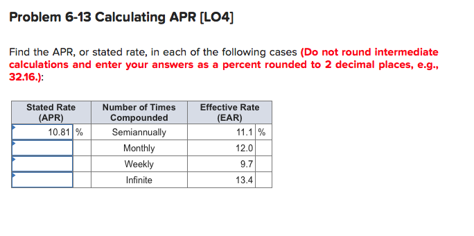 Solved Problem 6-13 Calculating APR (LO4) Find the APR, or | Chegg.com