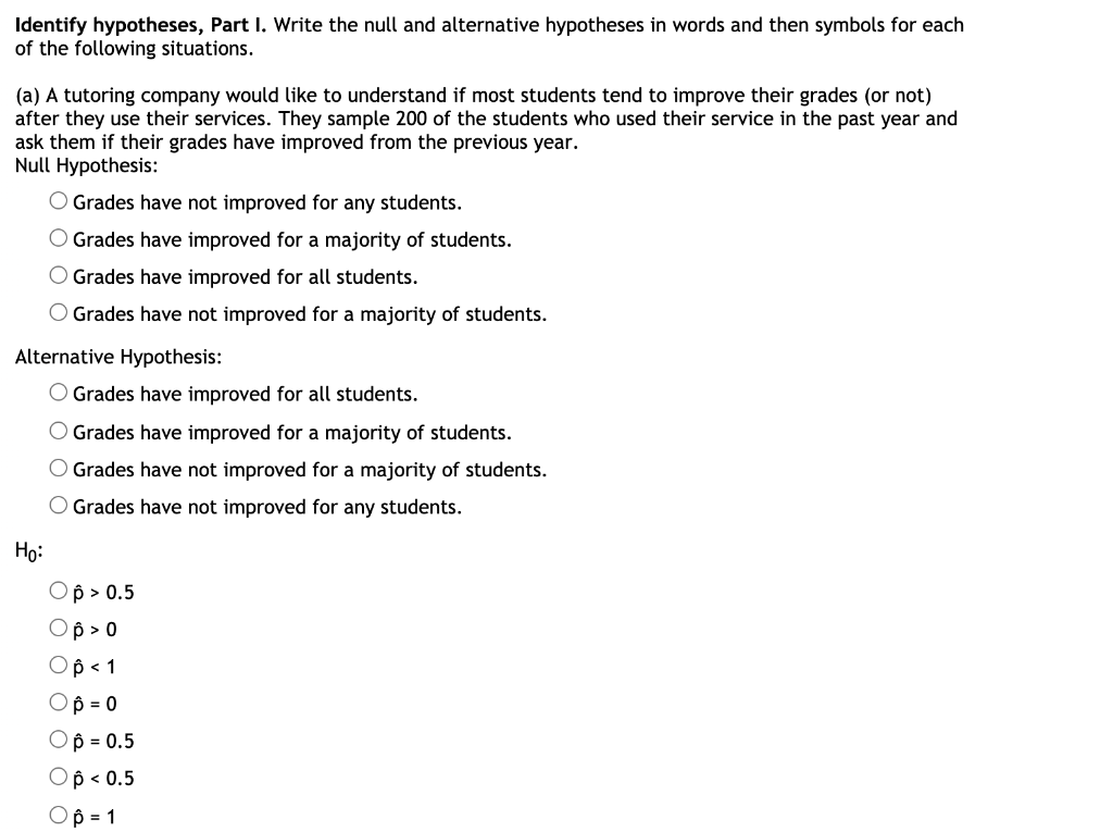 Solved Identify hypotheses, Part I. Write the null and | Chegg.com
