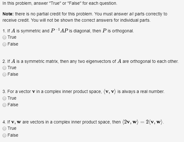 Solved In this problem, answer "True" or "False" for each | Chegg.com