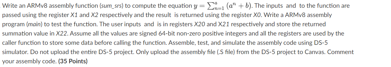 Write an ARMv8 assembly function (sum_srs) to compute | Chegg.com