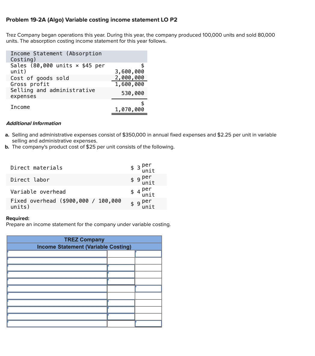 Solved Problem 19-2A (Algo) Variable costing income | Chegg.com