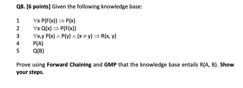 Solved Q8. [6 points] Given the following knowledge base: 1 | Chegg.com