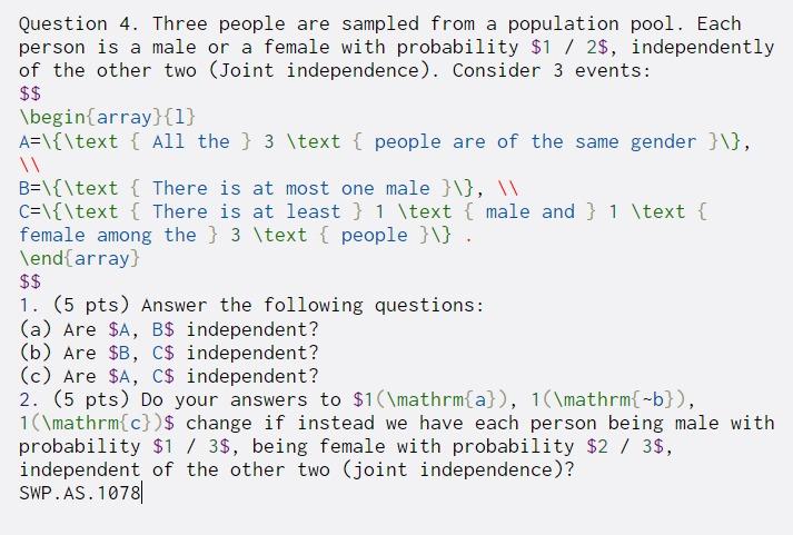 Solved Question 4. Three people are sampled from a | Chegg.com