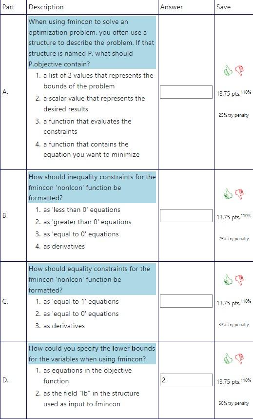 Solved Part Answer Save Description When using fmincon to | Chegg.com