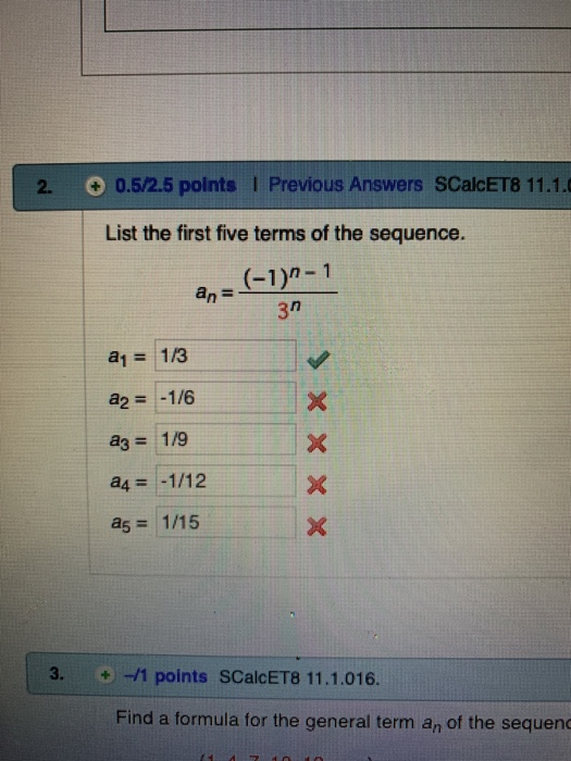 Solved 2. 0.5/2.5 points 1 Previous Answers SCalcET8 11.1. | Chegg.com