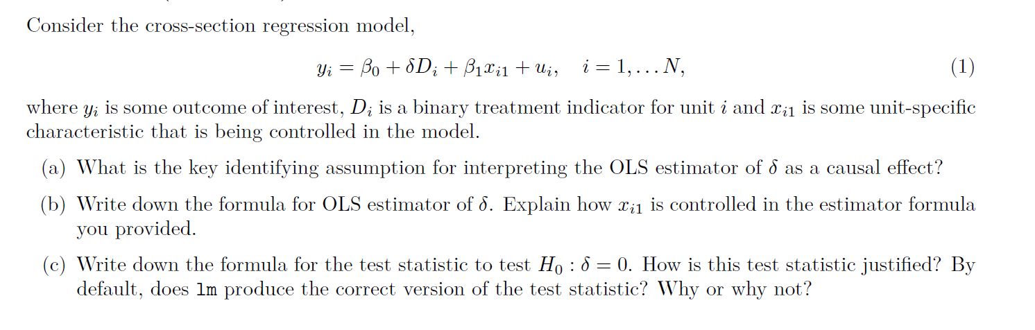 Solved Consider the cross-section regression model, | Chegg.com