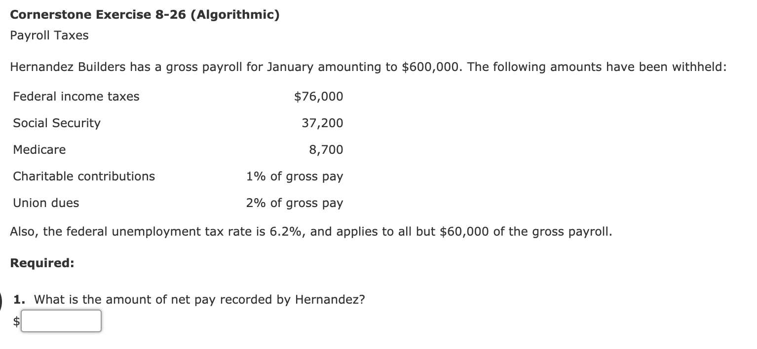Solved Cornerstone Exercise 8-26 (Algorithmic) Payroll Taxes | Chegg.com