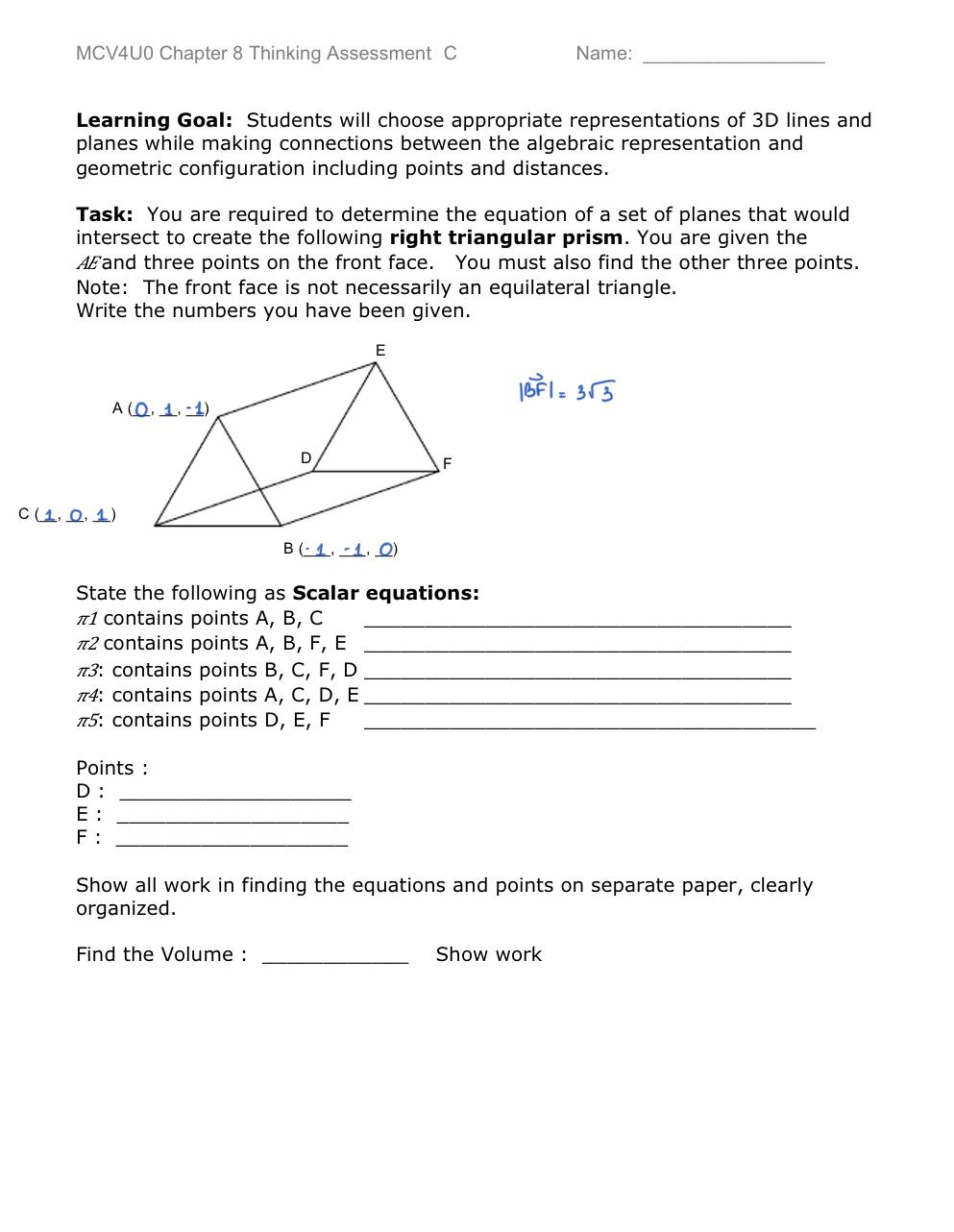 Solved MCV4U0 Chapter 8 Thinking Assessment C Name: Learning | Chegg.com