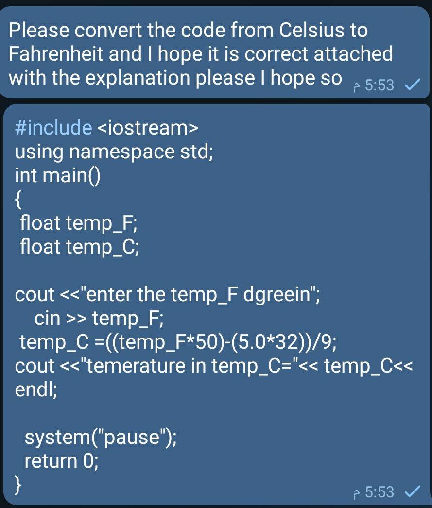 Solved Please convert the code from Celsius to Fahrenheit | Chegg.com