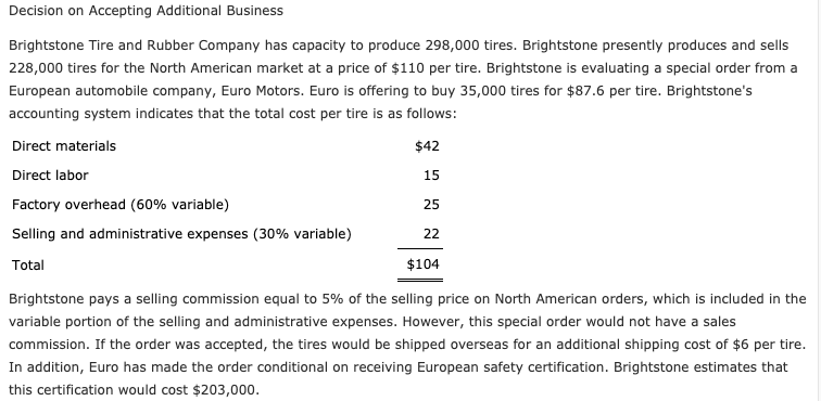 Solved Decision on Accepting Additional Business Brightstone | Chegg.com