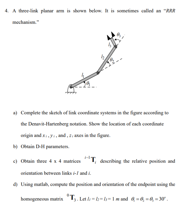 Solved 4. A three-link planar arm is shown below. It is | Chegg.com