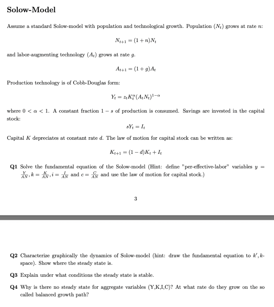 Solved Assume a standard Solow-model with population and | Chegg.com