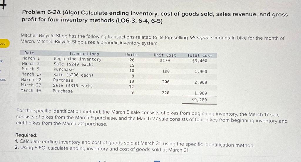Solved Problem 6-2A (Algo) Calculate ending inventory, cost | Chegg.com