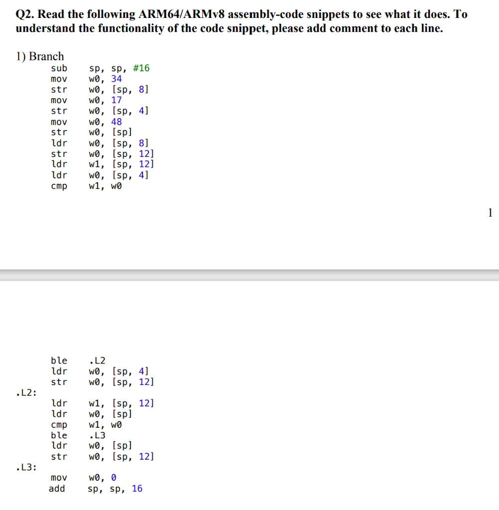 Solved Q2. Read the following ARM64/ARMv8 assembly-code | Chegg.com