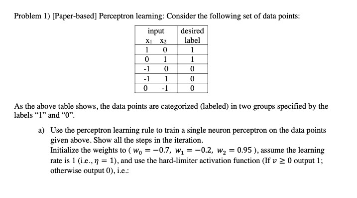 Solved Problem 1) [Paper-based] Perceptron learning: | Chegg.com