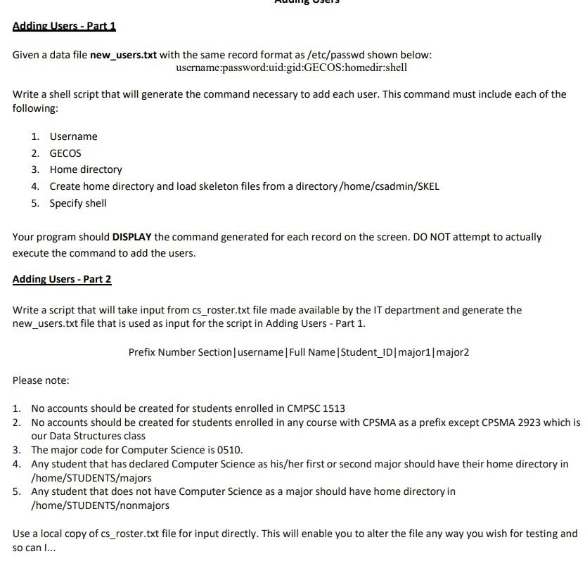 Solved Addingusers - Part 1 Given a data file new_users.txt | Chegg.com